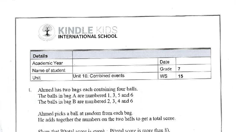 KINDLE KIDS G7 WS 16: Combined Events & Probability Solutions - Studocu