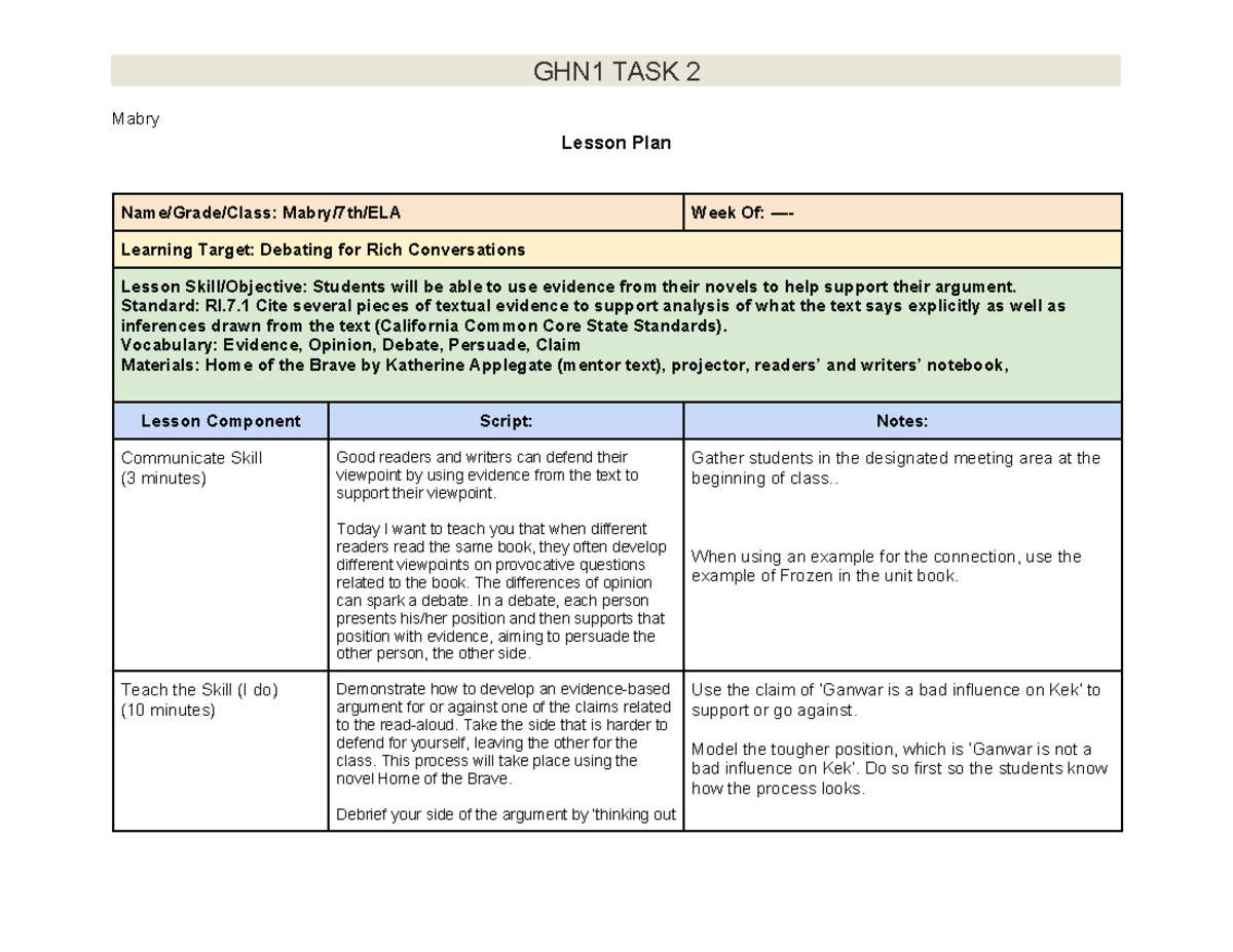 GHN1 ELA Lesson Plan on Debating Skills for 7th Grade - Studocu