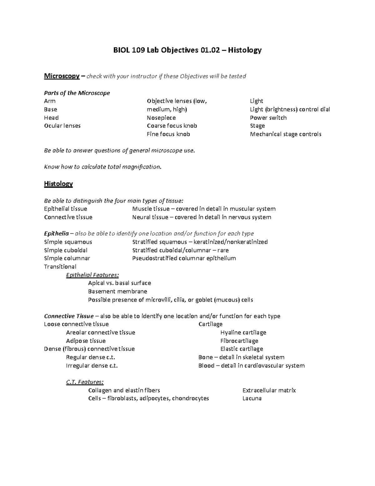 BIOL 109 Lab Objectives: Histology & Microscope Techniques Overview - Studocu