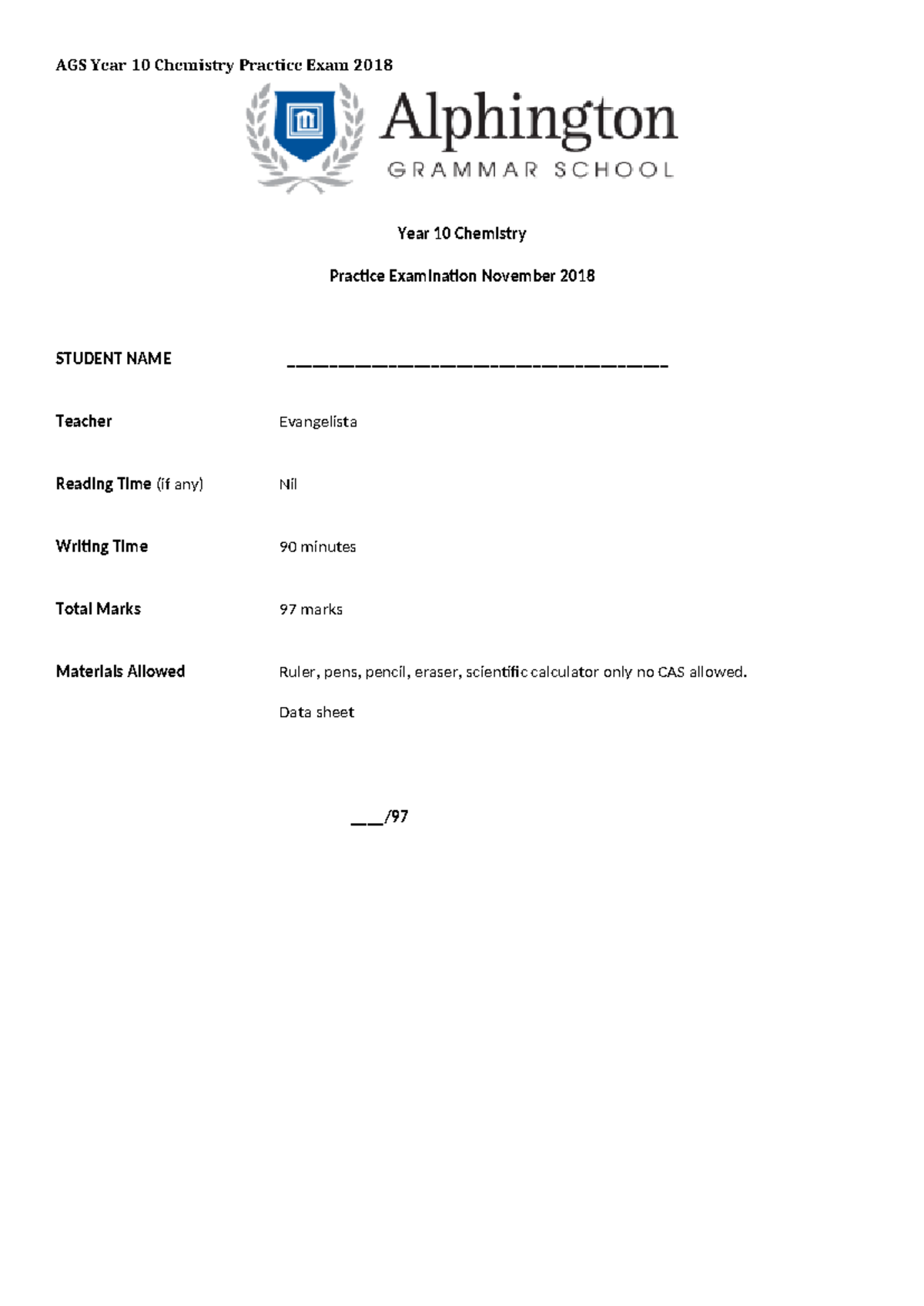 Y10 Chem Practice Exam Solutions - November 2018 - Studocu