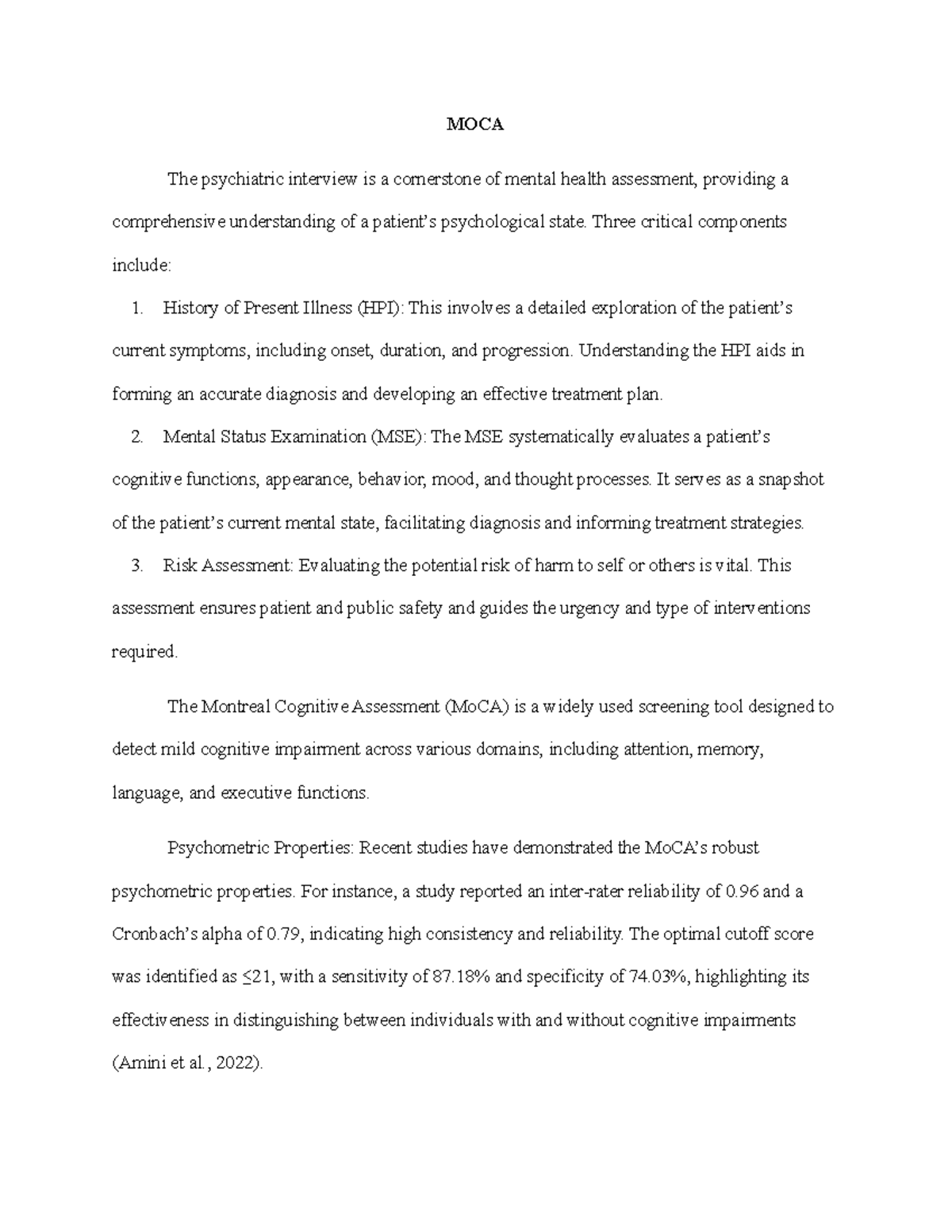 MOCA: Key Components of Psychiatric Interviews & Assessments - Studocu