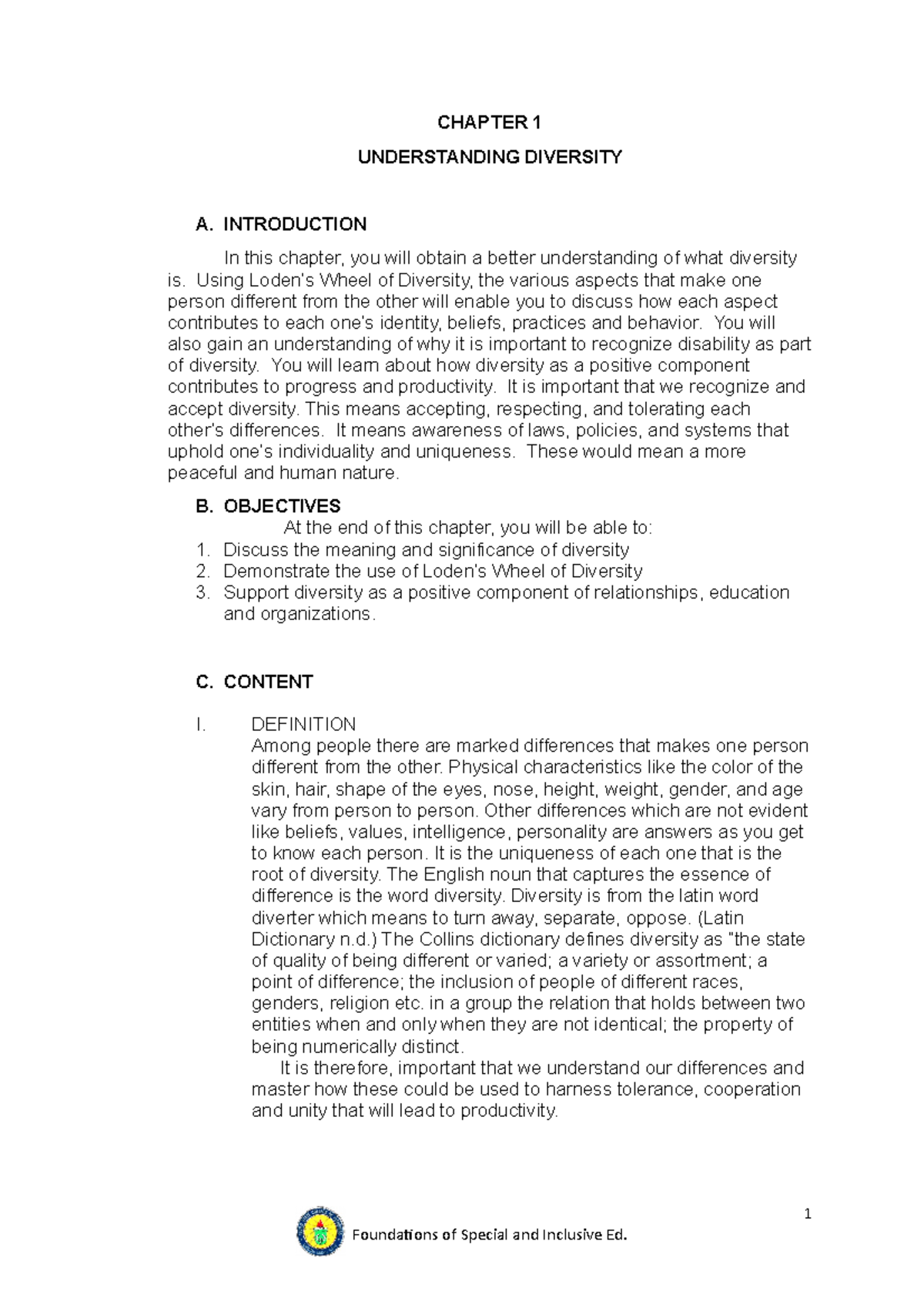 Special and Inclusive Ed - CHAPTER 1 UNDERSTANDING DIVERSITY A. INTRODUCTION In this chapter ...