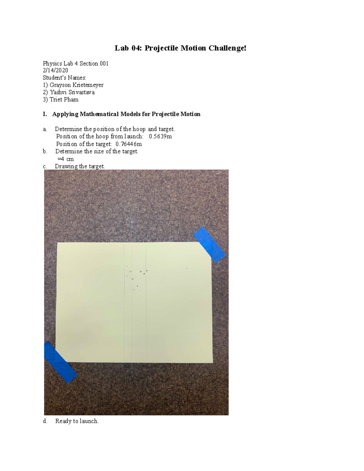 Lab 04: Projectile Motion Challenge Report - Physics Lab 4 Section 001 ...