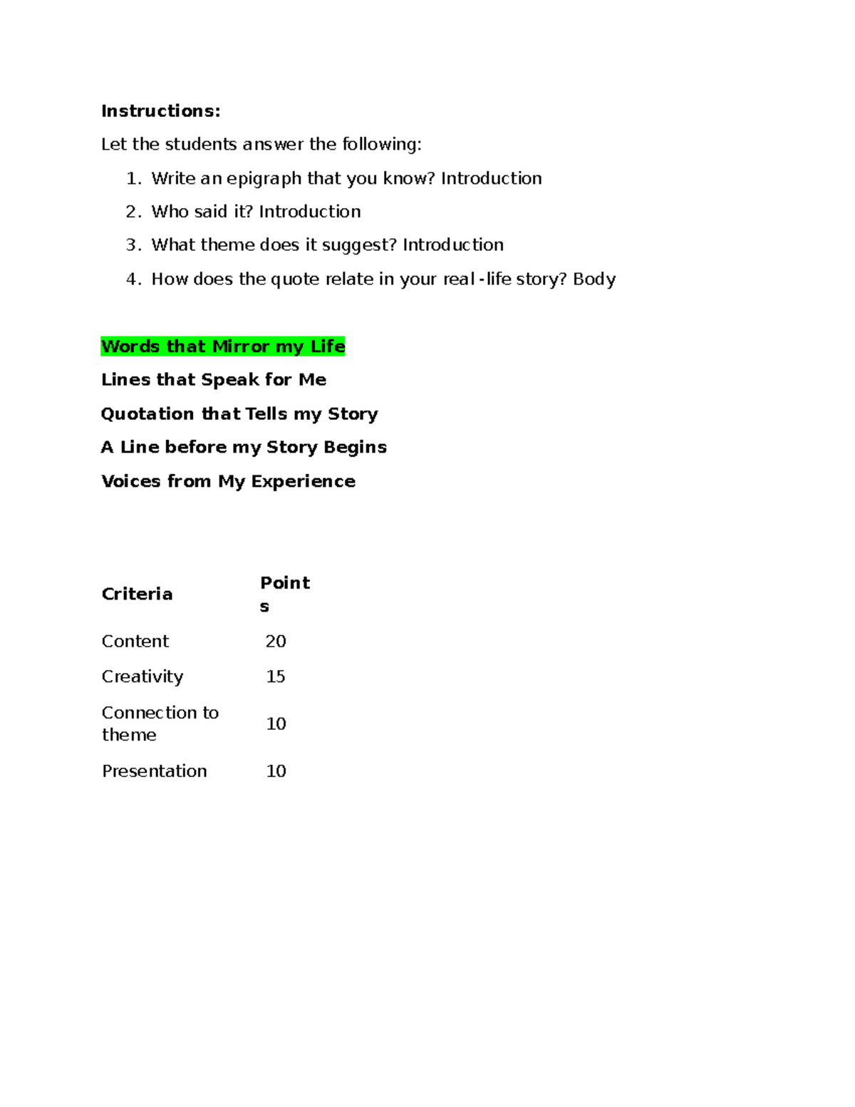 Activity epigraph - For educational - Instructions: Let the students ...