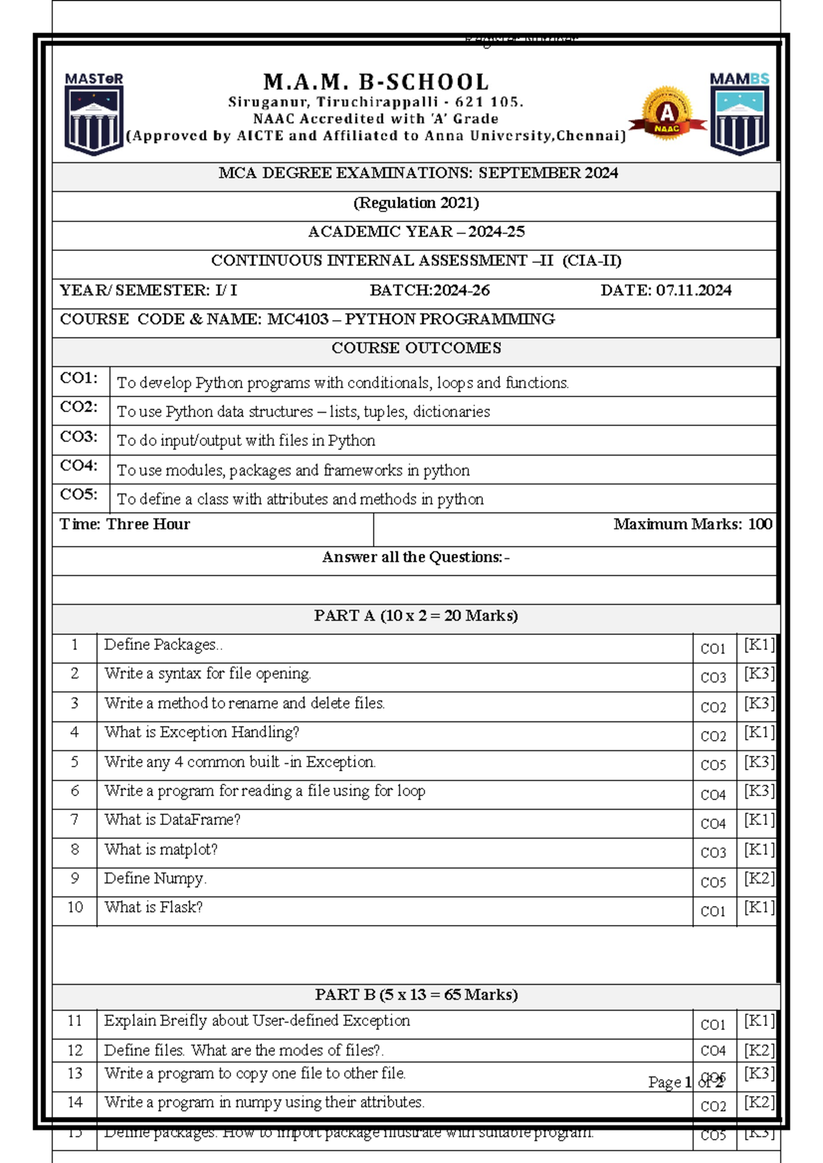 Python CIA 2 - IMPORATANT QUESTIONS - Page 1 of 2 Register Number ...