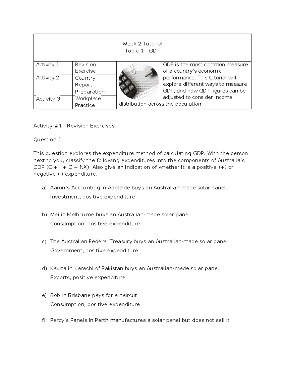 Topic 1 GDP - Tutorial Questions & Activities (ECO101) - Studocu