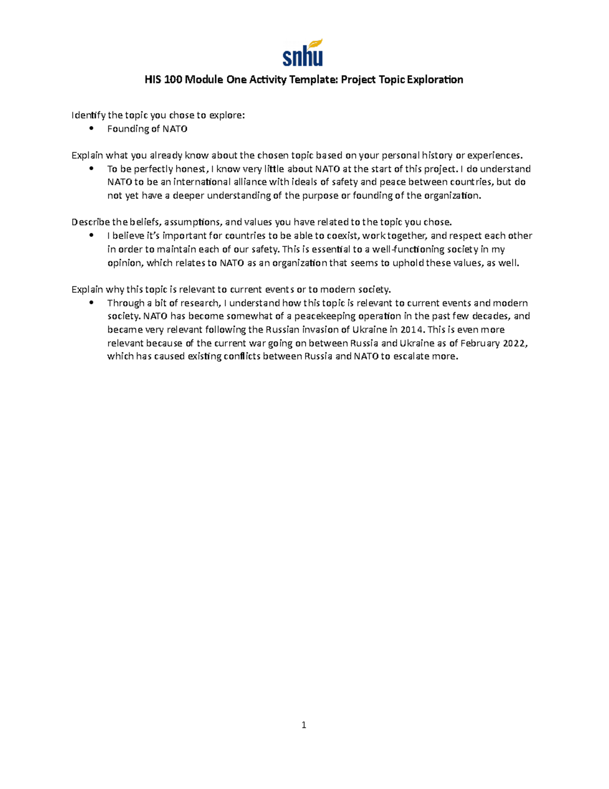 HIS 100 Module One Activity Template - To be perfectly honest, I know ...