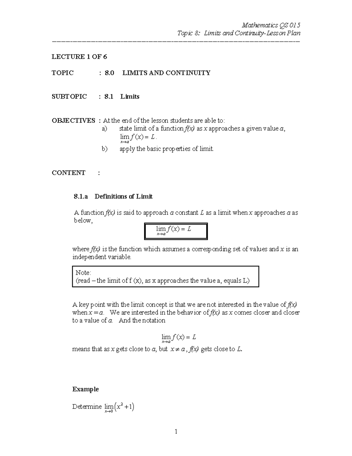 Lesson PLAN Topic 8 QS015 stu - Topic 8: Limits and Continuity-Lesson Plan LECTURE 1 OF 6 TOPIC ...