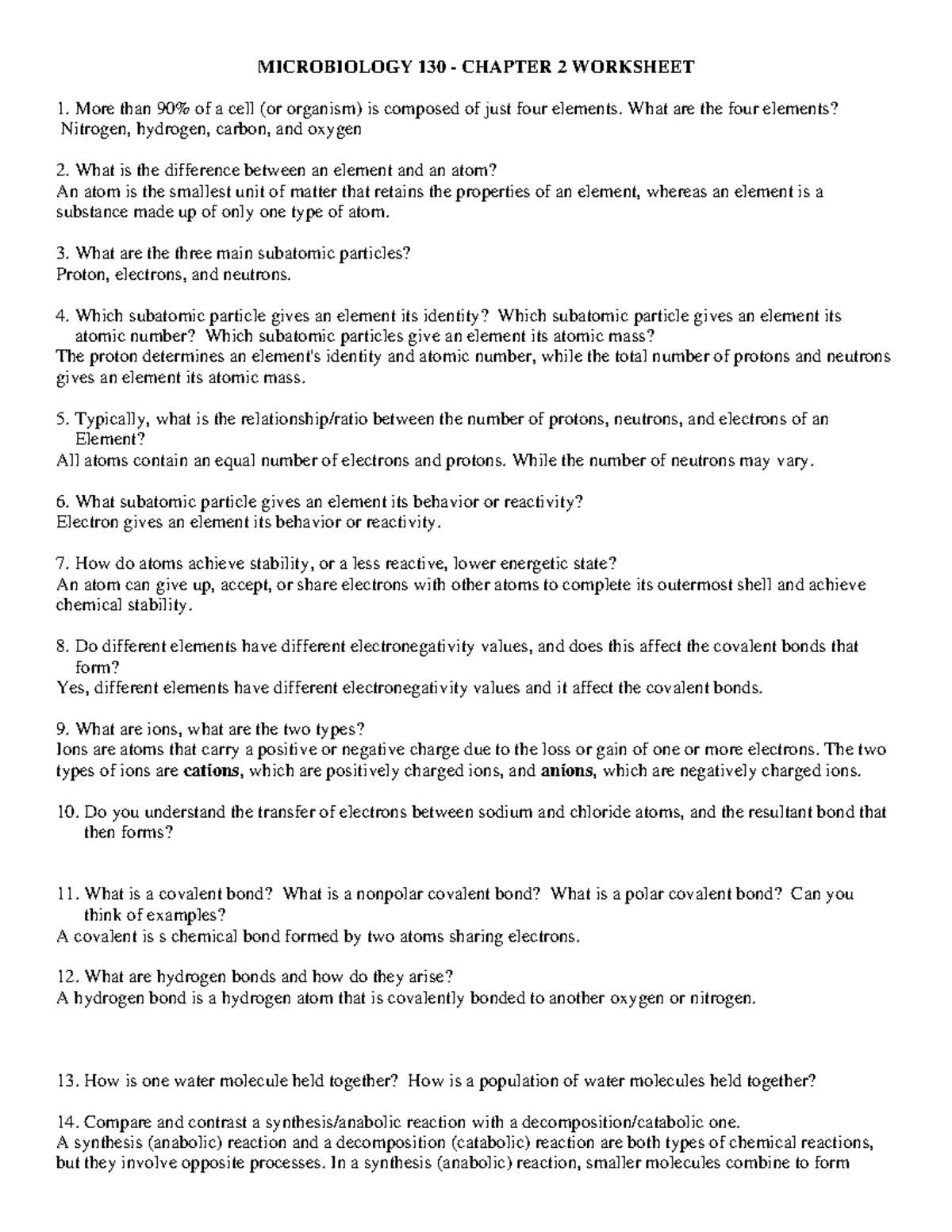 MICROBIOLOGY 130 - CHAPTER 2 WORKSHEET AND STUDY NOTES - Studocu