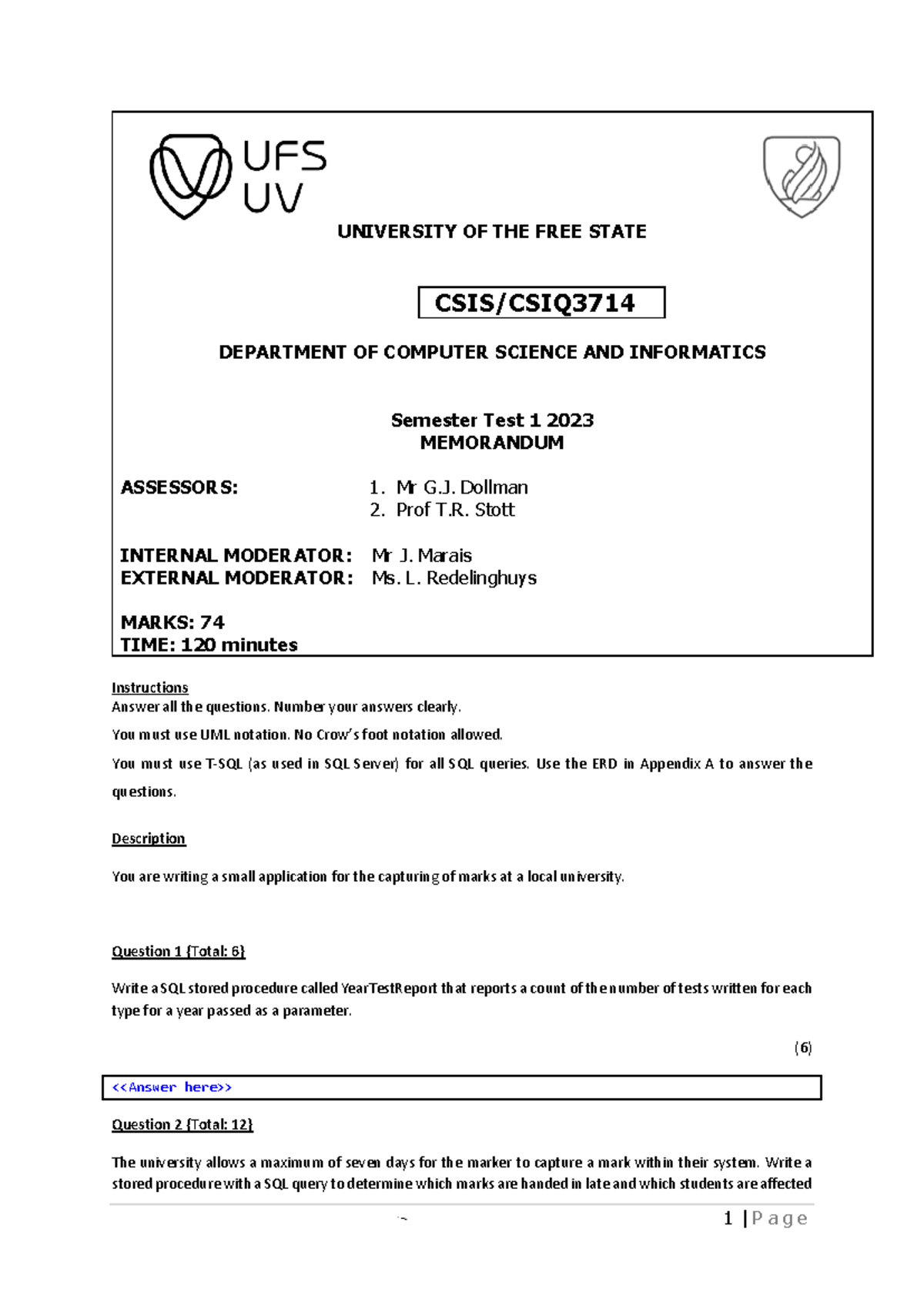 CSIS/CSIQ 3714 Semester Test 1 Memorandum - 2023 Exam Analysis - Studocu