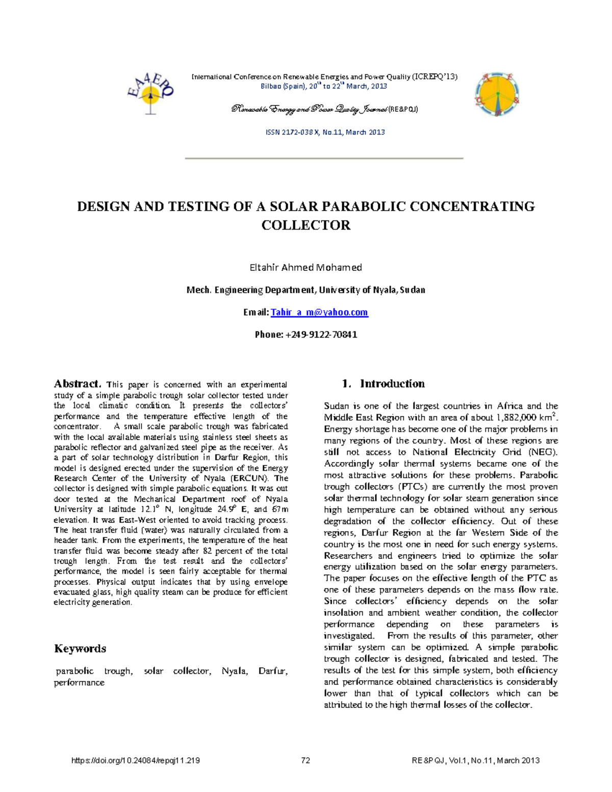 Design and testing of a solar parabolic concentrating collector - Studocu