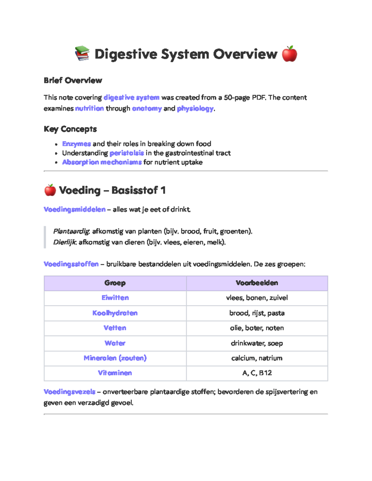 Digestive System & Nutrition Overview (Voeding Basisstof 1-7) - Studeersnel