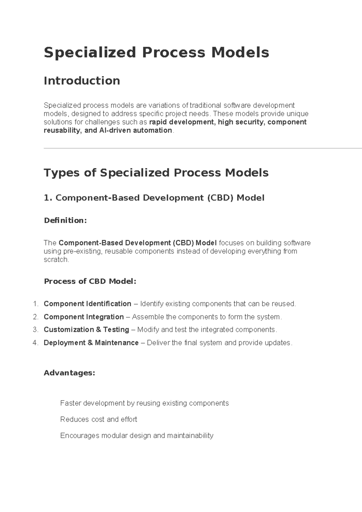Specialized Process Models Overview for OOSE - Studocu