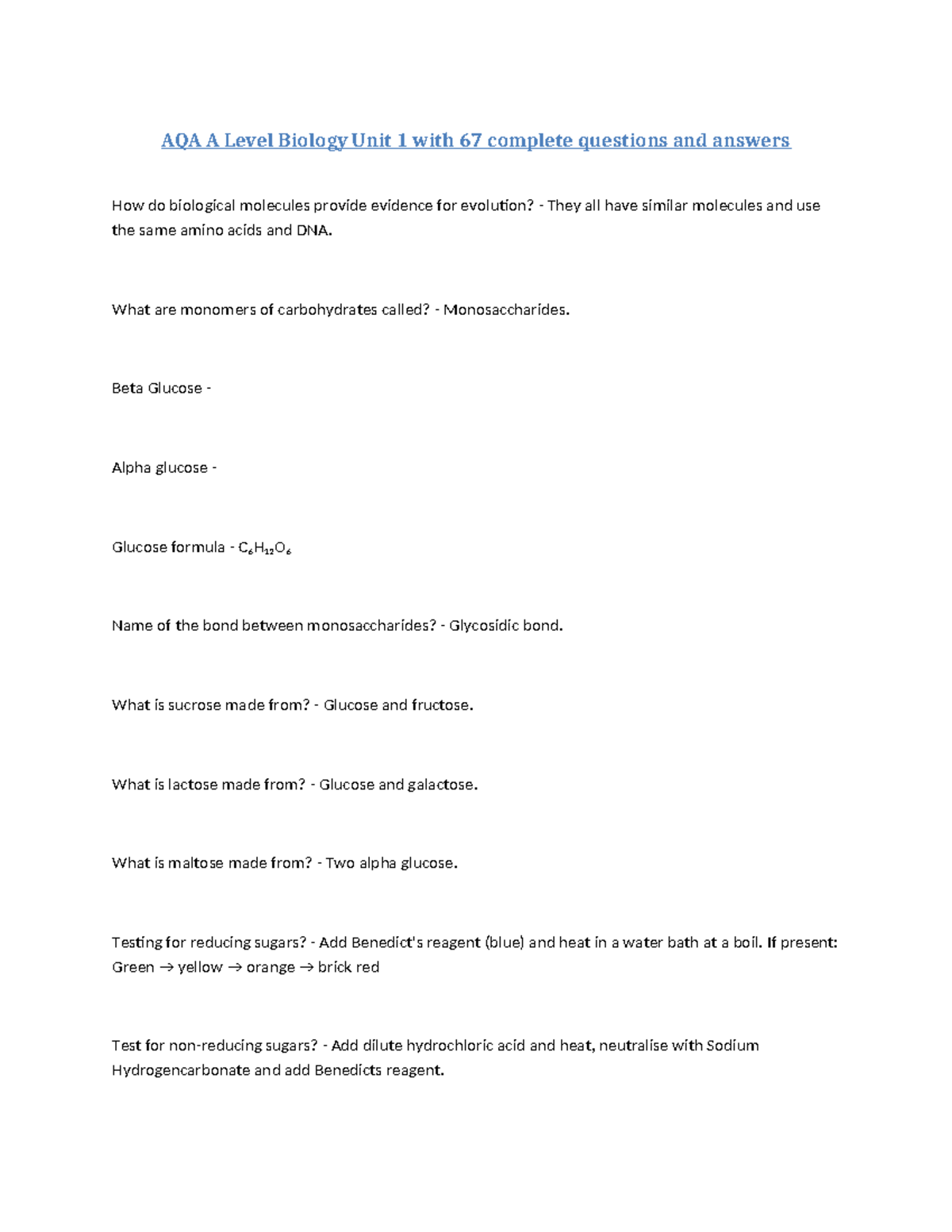 AQA A Level Biology Unit 1: 67 Q&A on Biological Molecules and ...