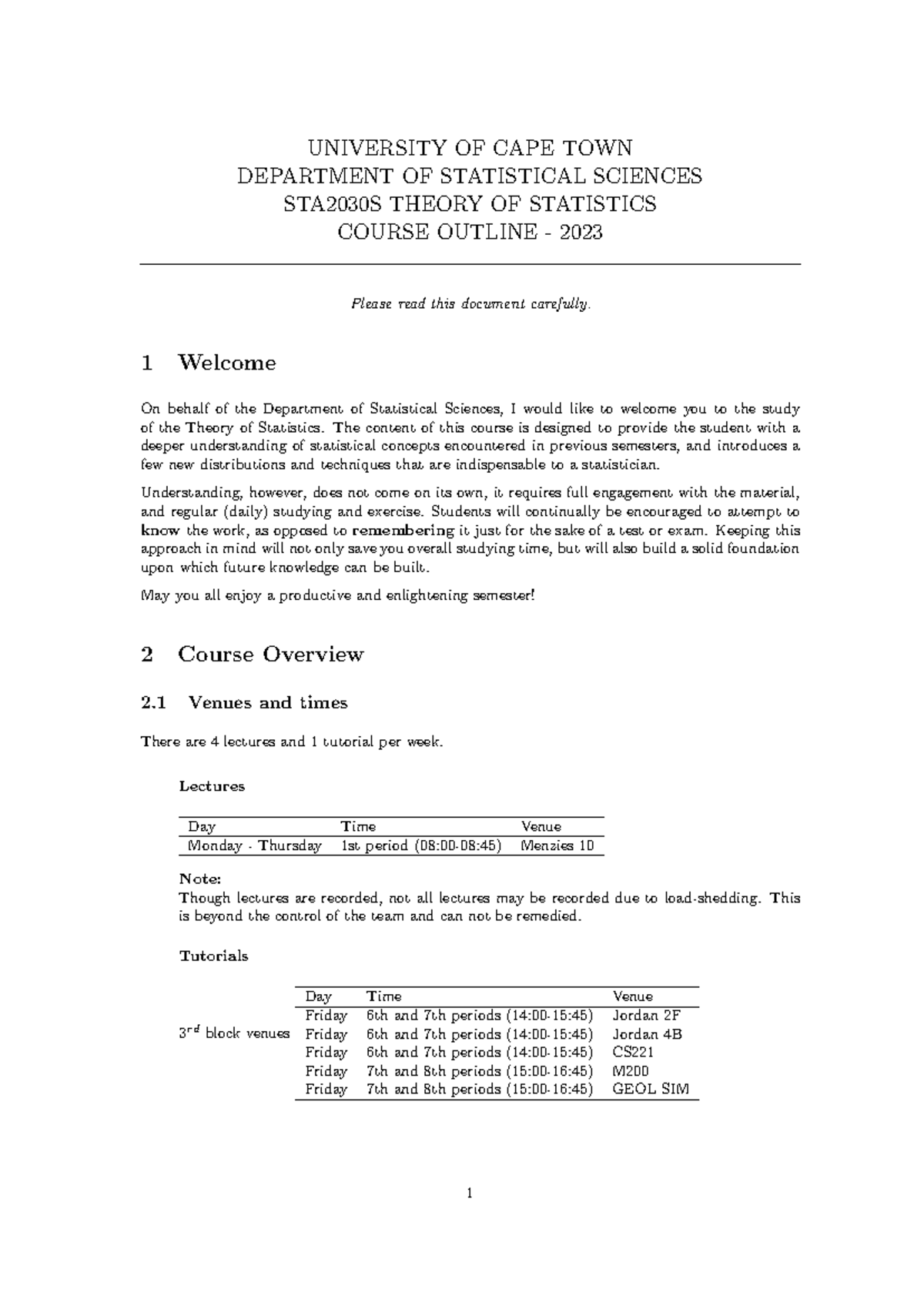 STA2030S 2023 Theory of Statistics Course Outline - Studocu