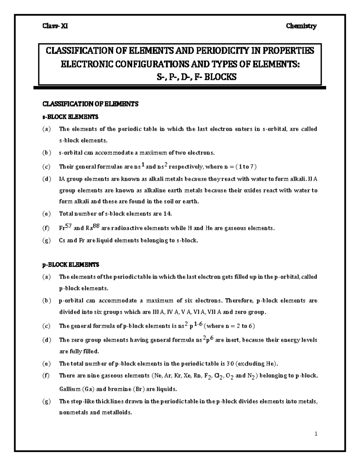 XI Chemistry: Classification of Elements and Electronic Configurations ...