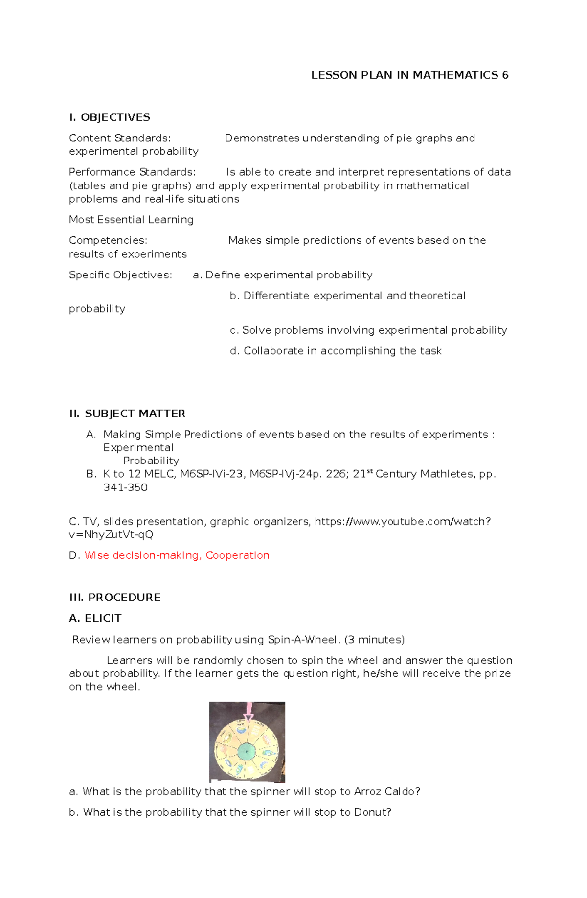 Mathematics 6 Lesson Plan: Understanding Experimental Probability 7Es ...