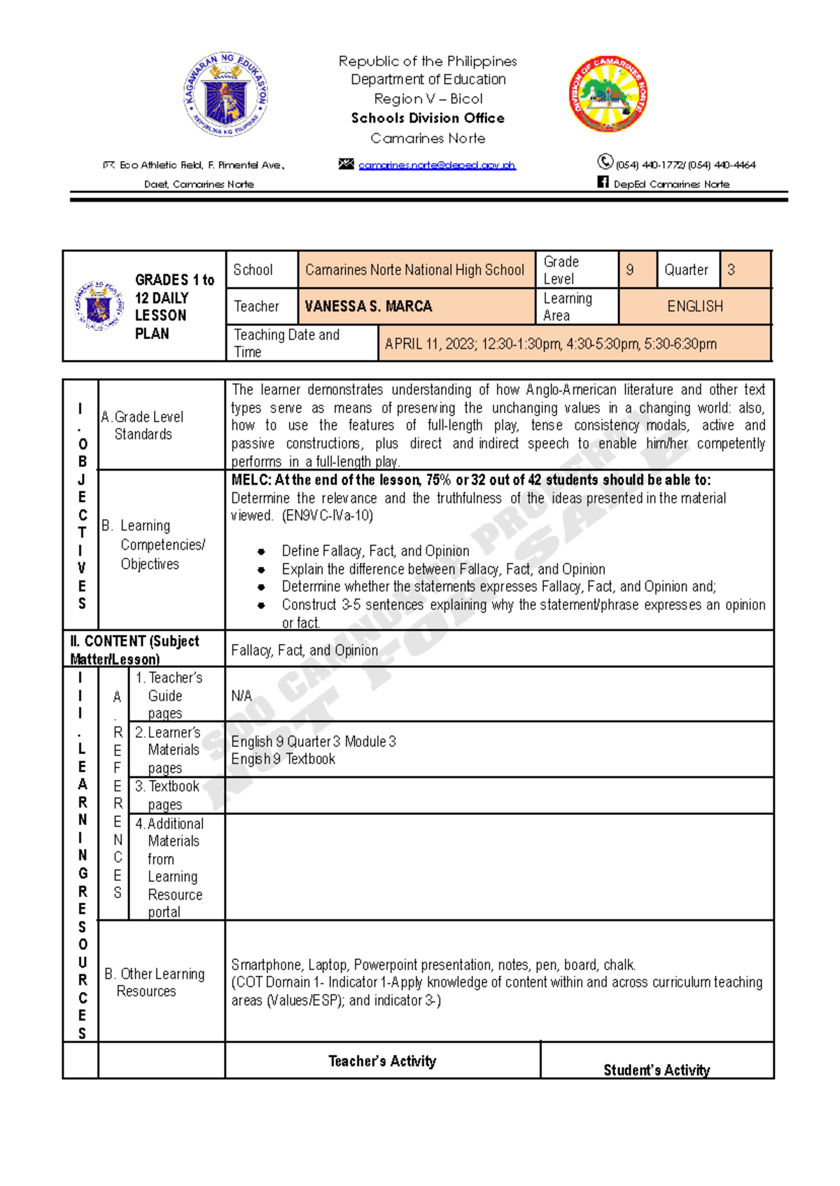 DLP-Grade-9-English-Lesson-Plan-Fallacy-Fact-Opinion - Studocu