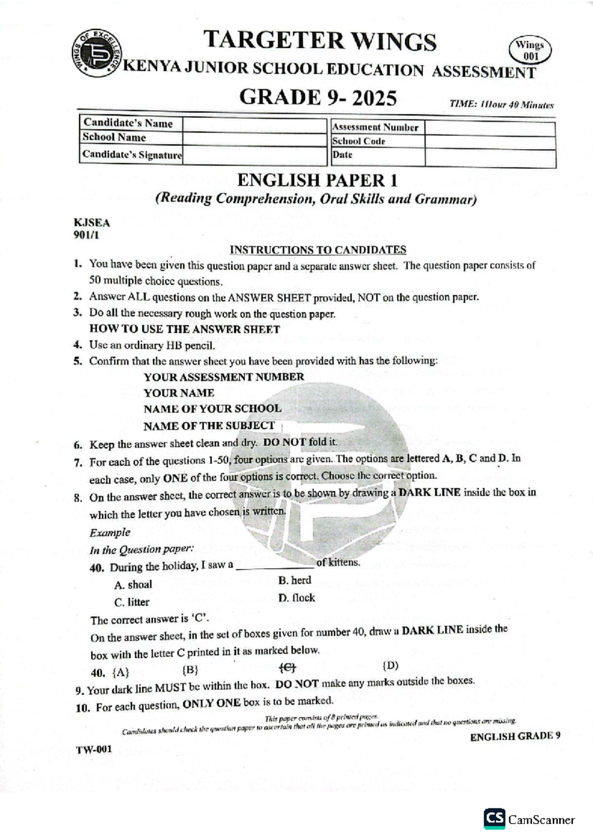 ENGLISH GRADE 9 CS ASSESSMENT PAPER 1: READING COMPREHENSION & GRAMMAR ...