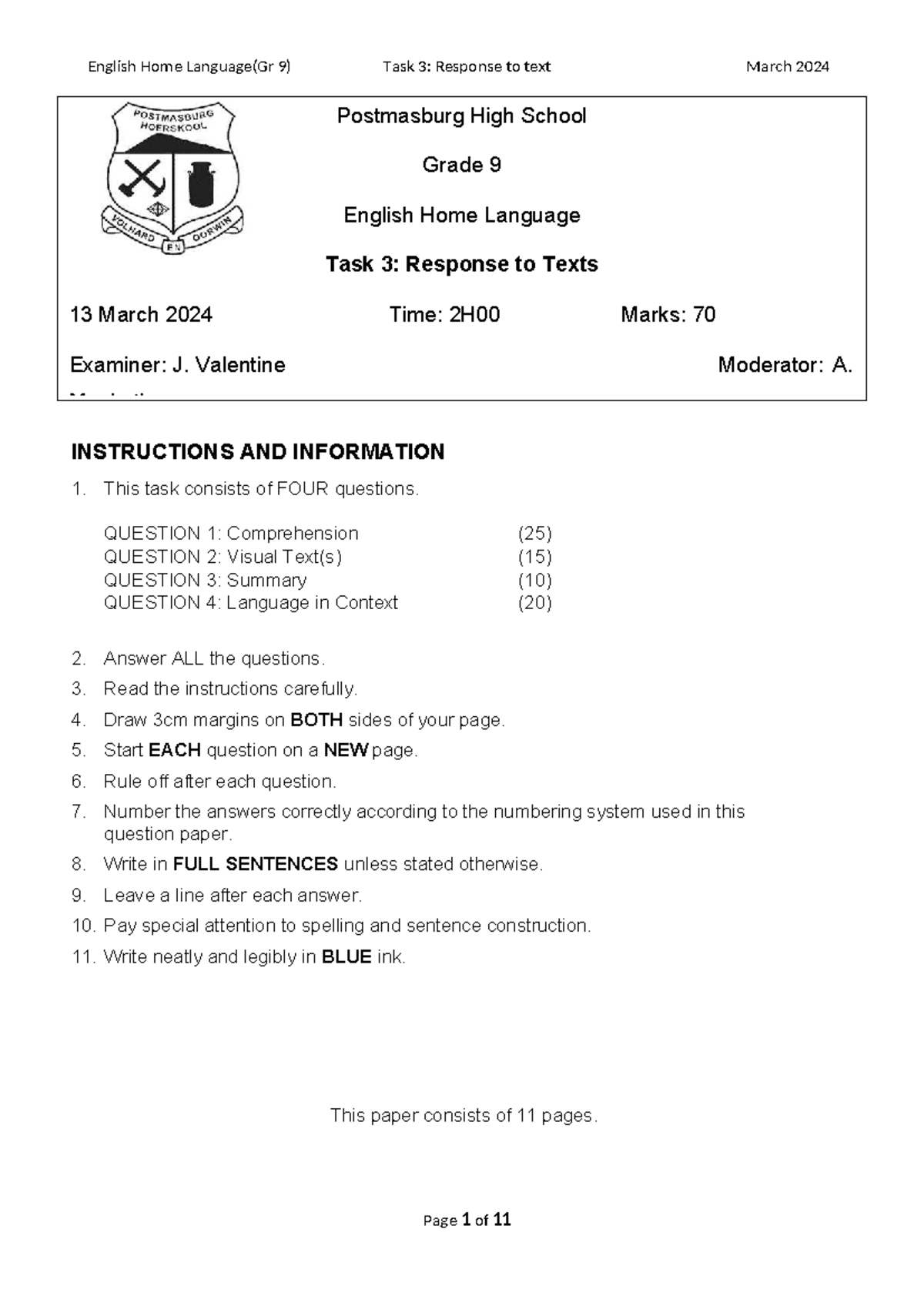 TASK 3 Gr 9 Eng HL - Response to Text March 2024 - Studocu