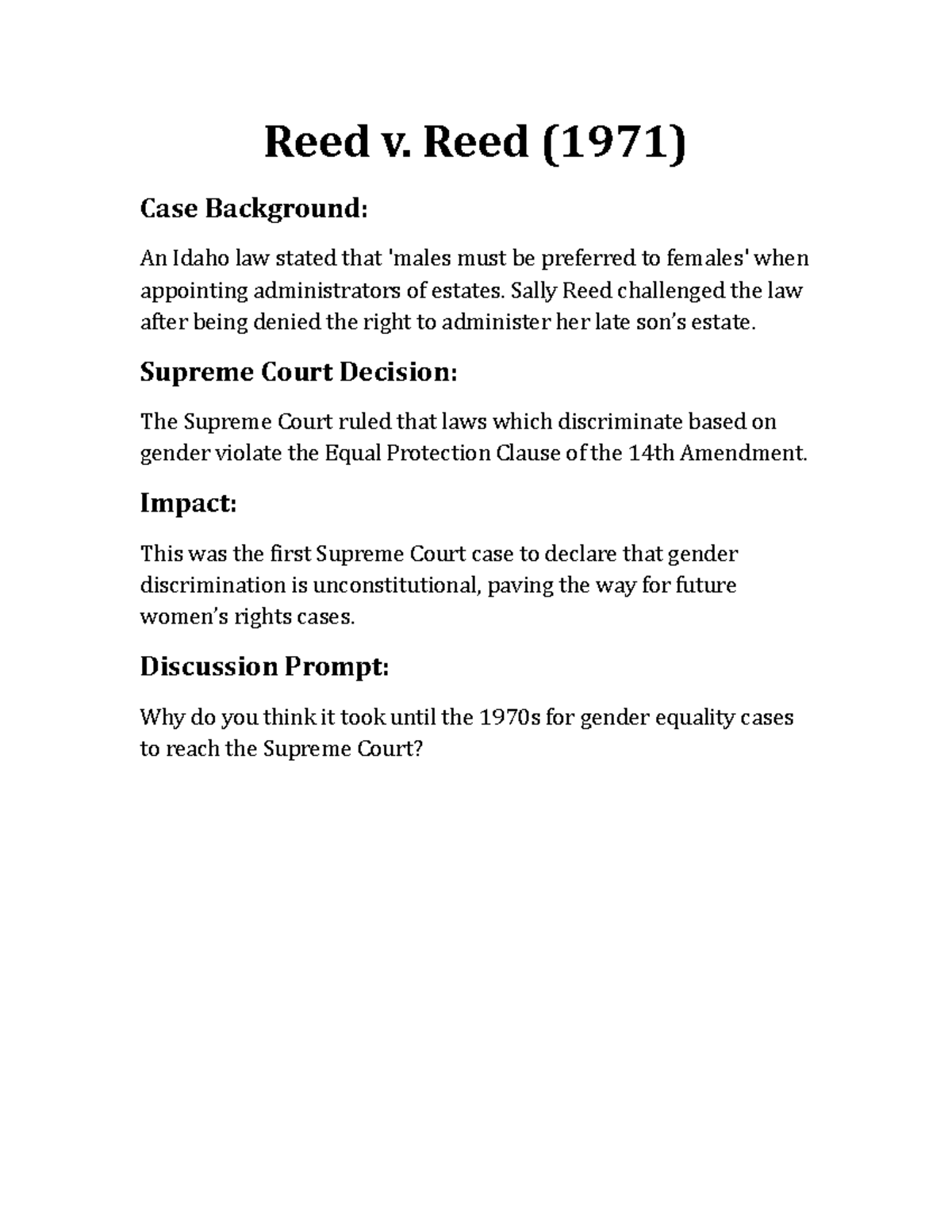 Reed v. Reed (1971) Case Study: Gender Discrimination & Impact - Studocu
