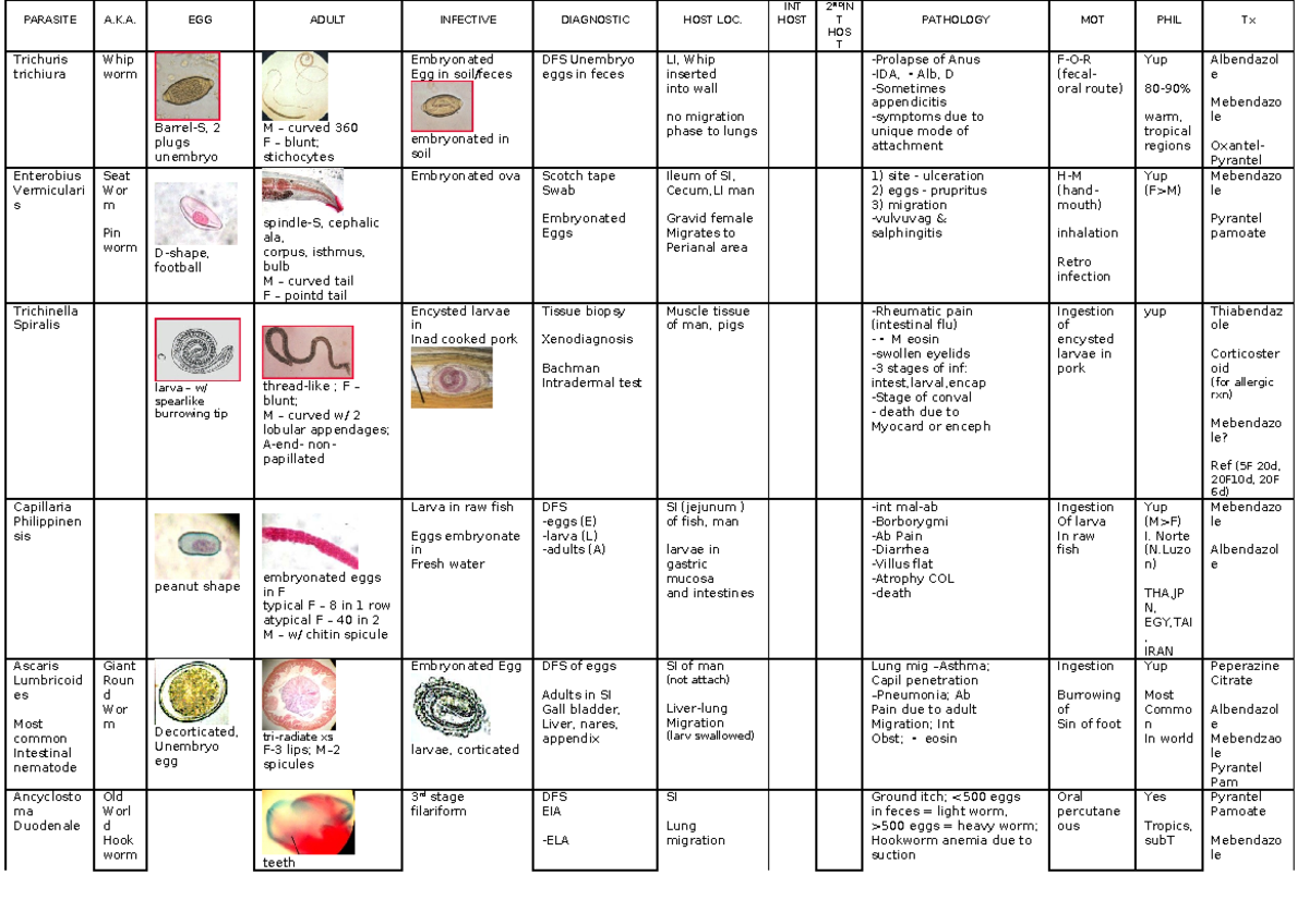 Parasitology-Tables - N/A - Parasitology - Central - Studocu