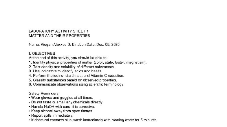 LAB ACTIVITY SHEET 1: MATTER & PROPERTIES - KIEGAN A. B. E. - Studocu