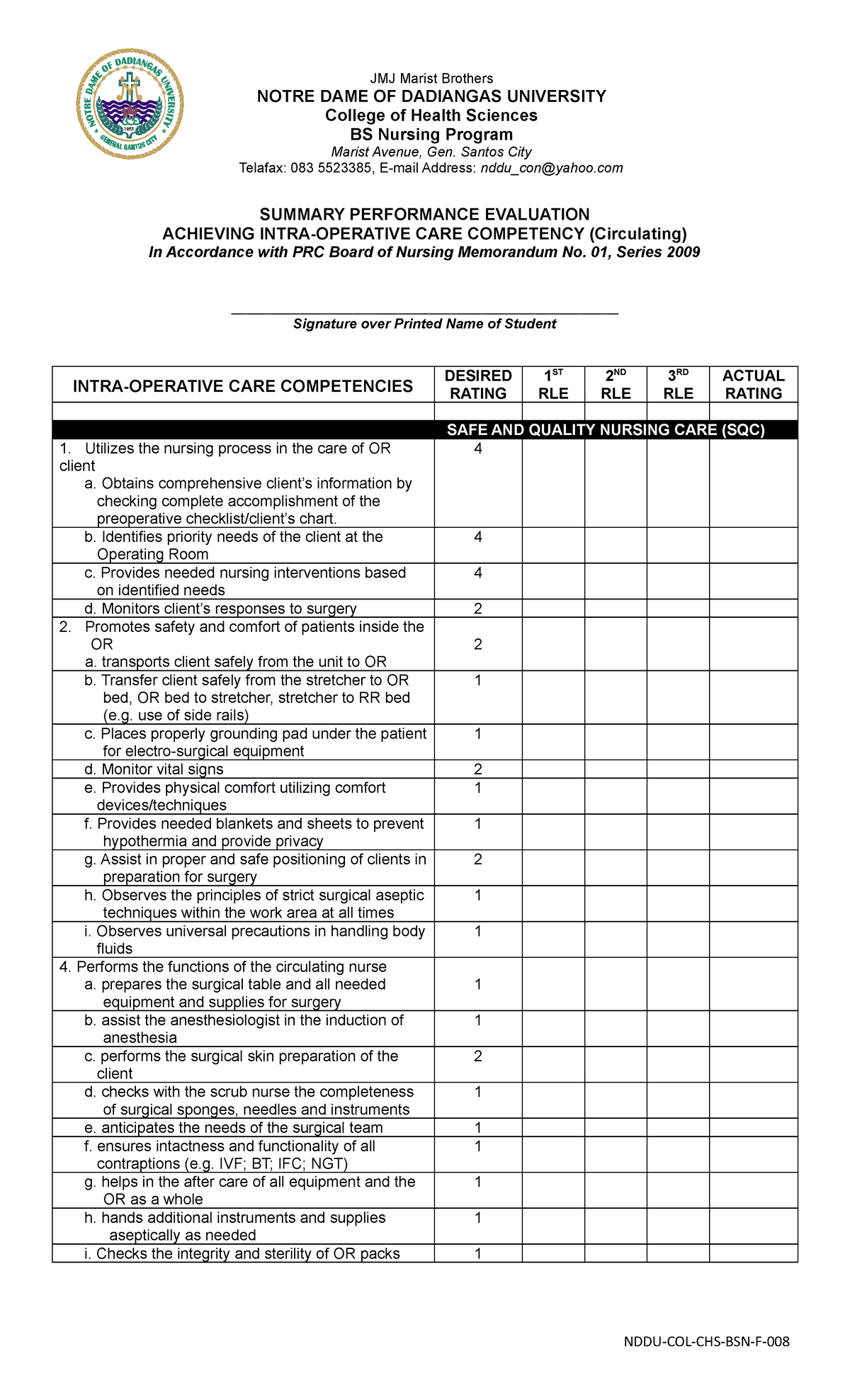 OR Circulating Nurse Competency Evaluation Summary - Studocu