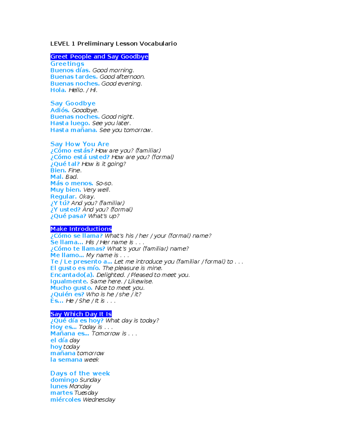 LEVEL 1 Preliminary Lesson: Avancemos Vocabulario Guide - Studocu