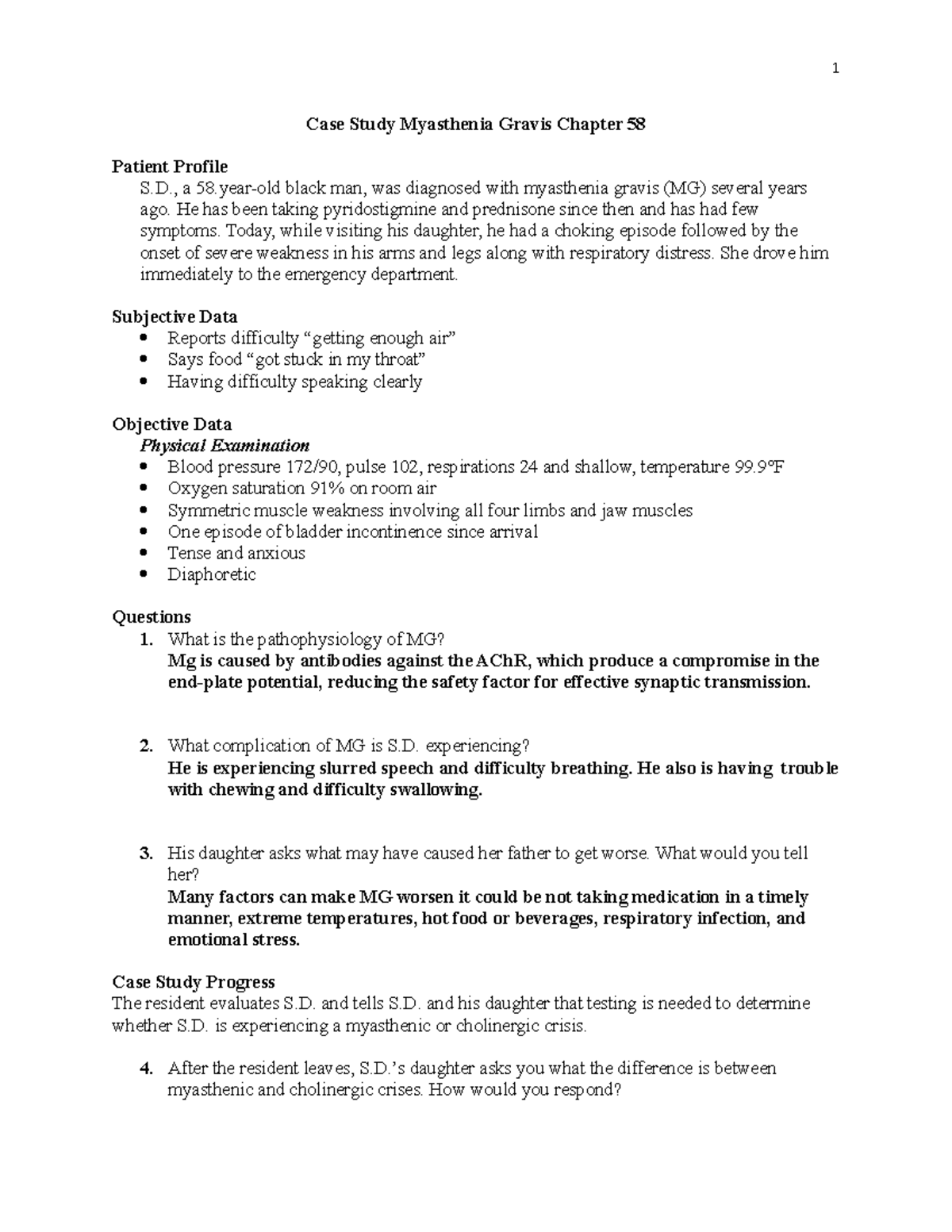 Case study 58 - med surg II care plan - 1 Case Study Myasthenia Gravis Chapter 58 Patient ...