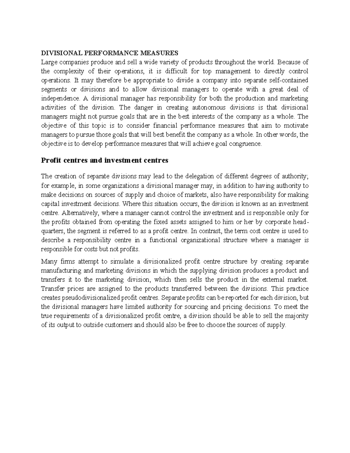 Divisional Performance Measures: Evaluating ROI and Residual Income ...