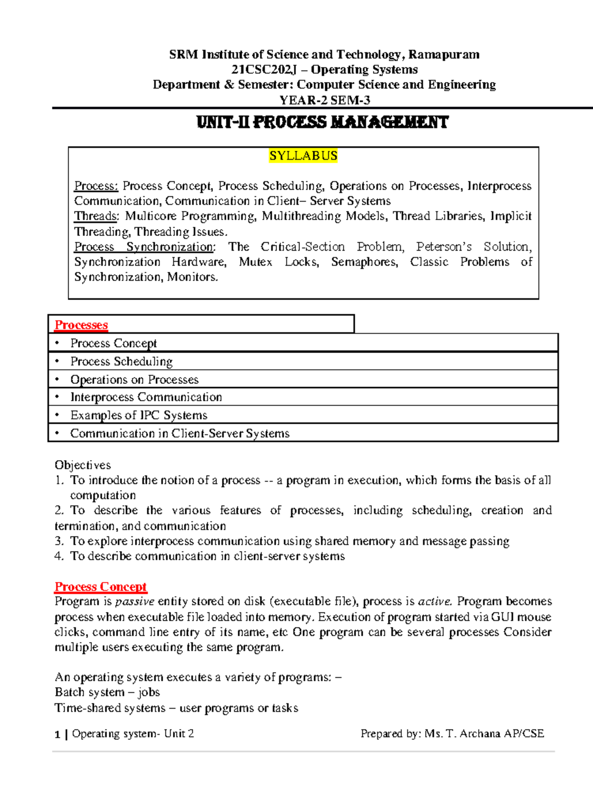 OS 21CSC202J Process Management: Comprehensive Unit 2 Notes - Studocu