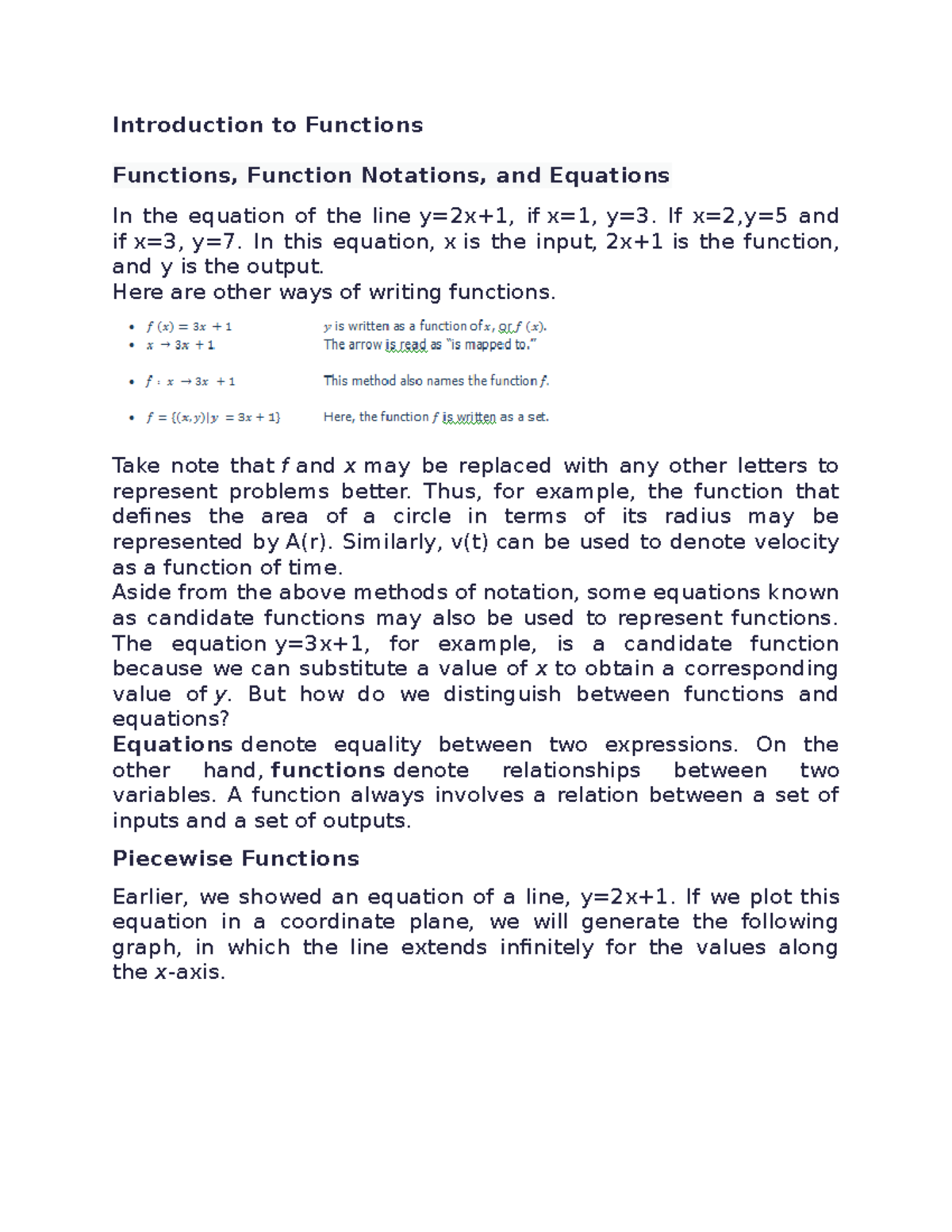 Introduction to Functions: Concepts and Piecewise Analysis - Studocu