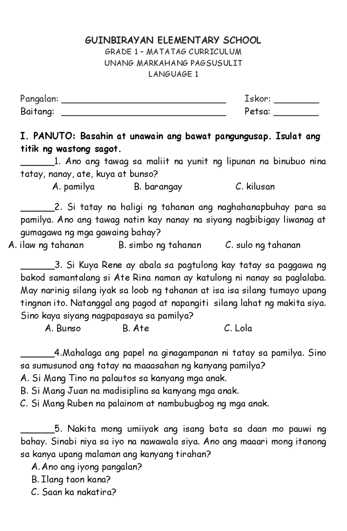 GMRC 1 - Unang Markahang Pagsusulit sa Matatag Curriculum - Studocu
