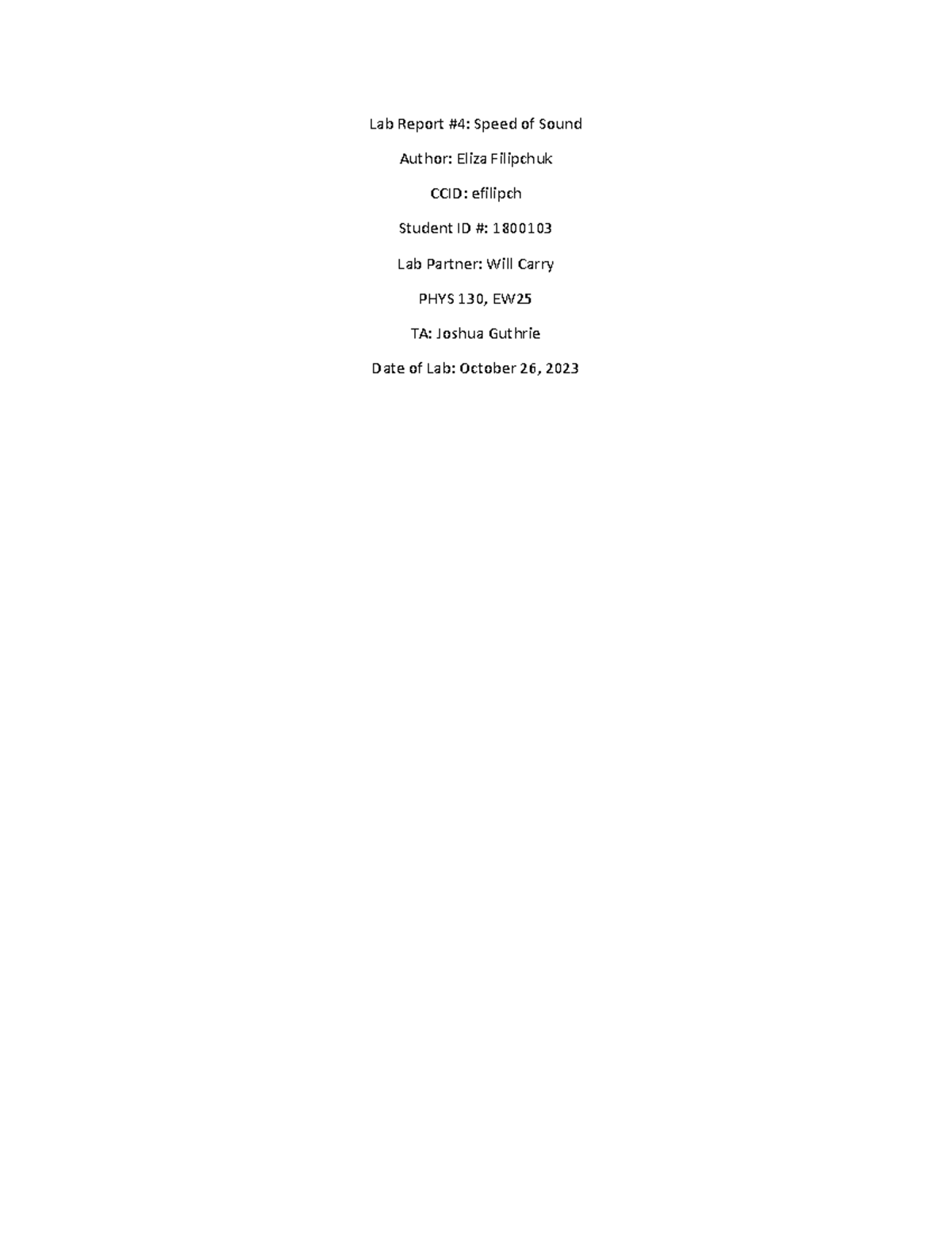 PHYS 130 Lab 4 Final Report: Measuring the Speed of Sound - Studocu