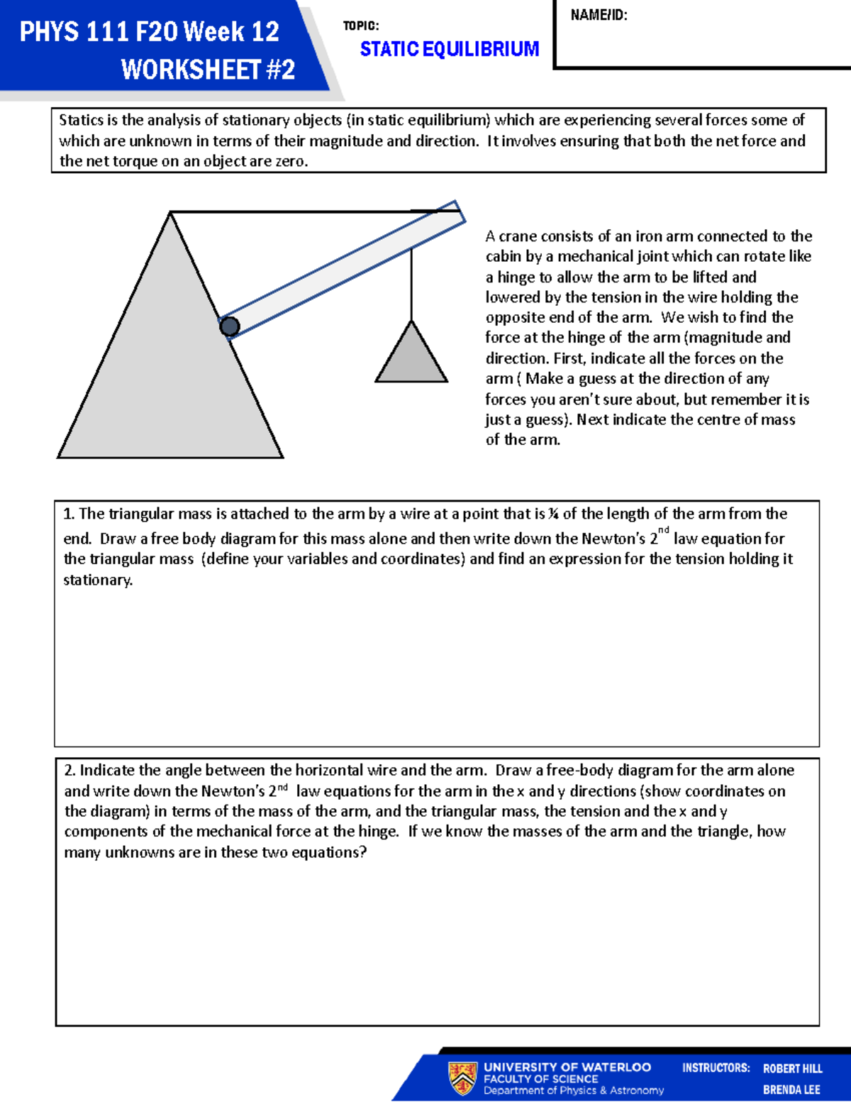PHYS111 F20 Worksheet 2-week12-revised - STATIC EQUILIBRIUM PHYS 111 F ...