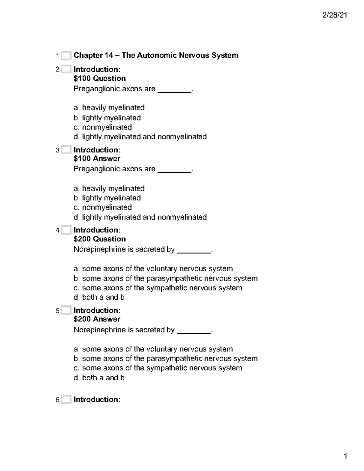 Ch14-quiz-show - Chapter 14 –The Autonomic Nervous System Introduction ...