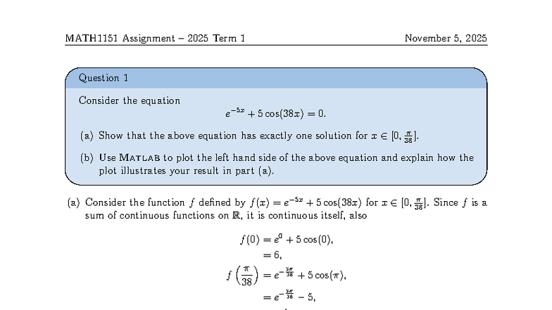 MATH1151 Assignment Term 1 2025: Unique Solutions & Matlab Analysis ...