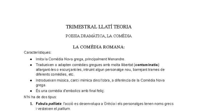 Trimestral Llatí Teoria: Comèdia Romana i Plaute - Studocu