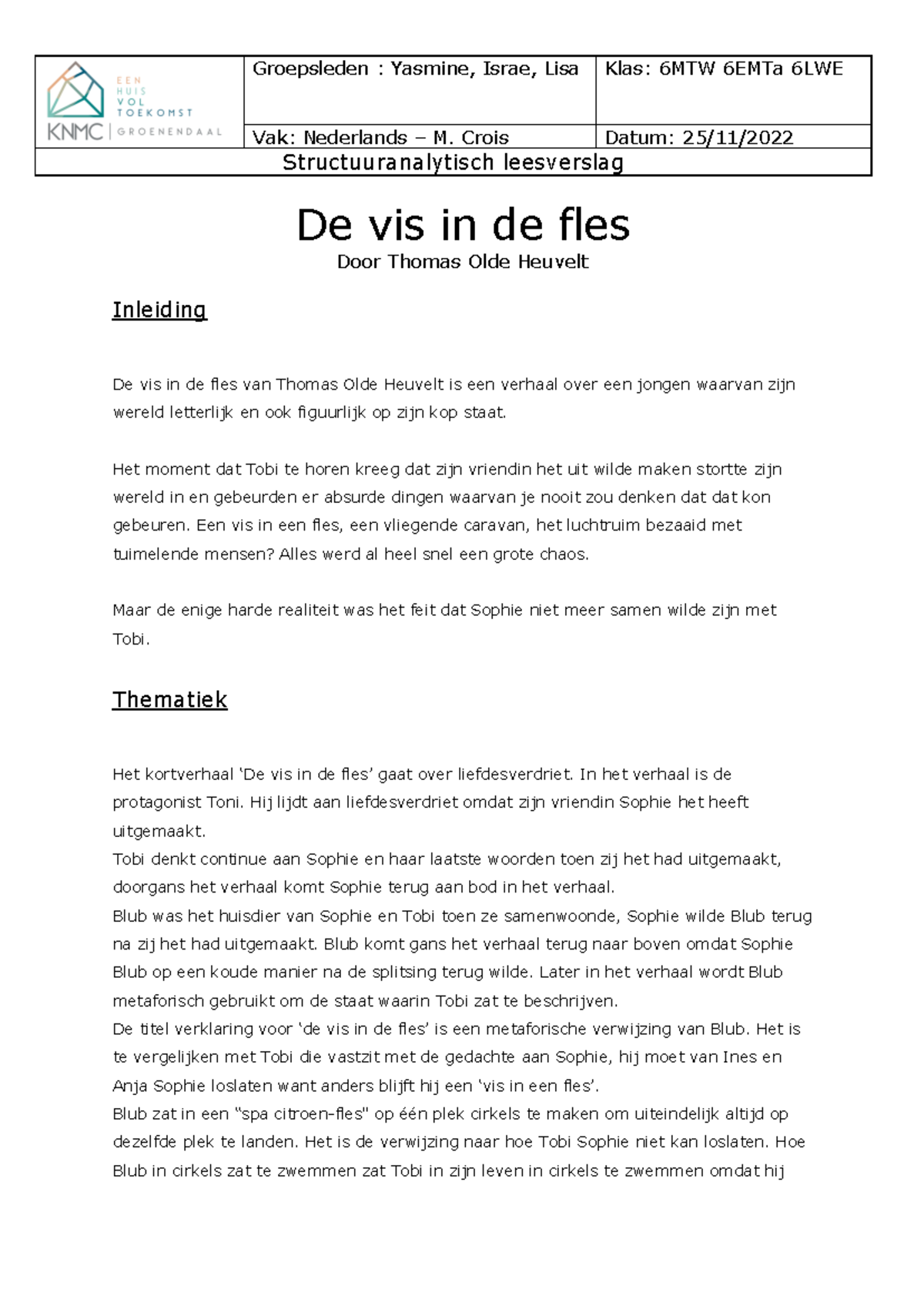 Nederlands Verslag: Structuuranalytisch Leesverslag van 'De vis in de ...