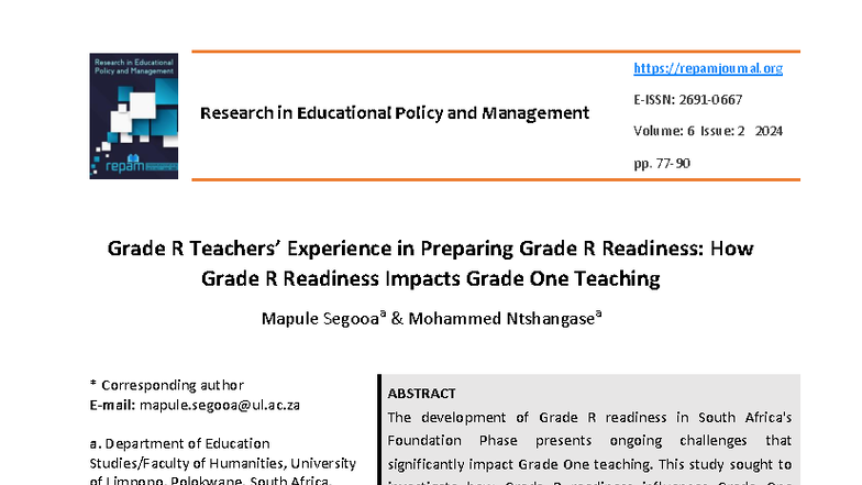 Grade R Readiness and Its Impact on Grade One Teaching: A Case Study ...
