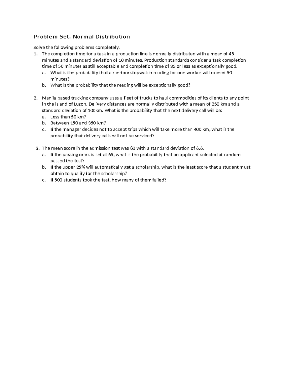 Problem Set - Question - Problem Set. Normal Distribution Solve the ...