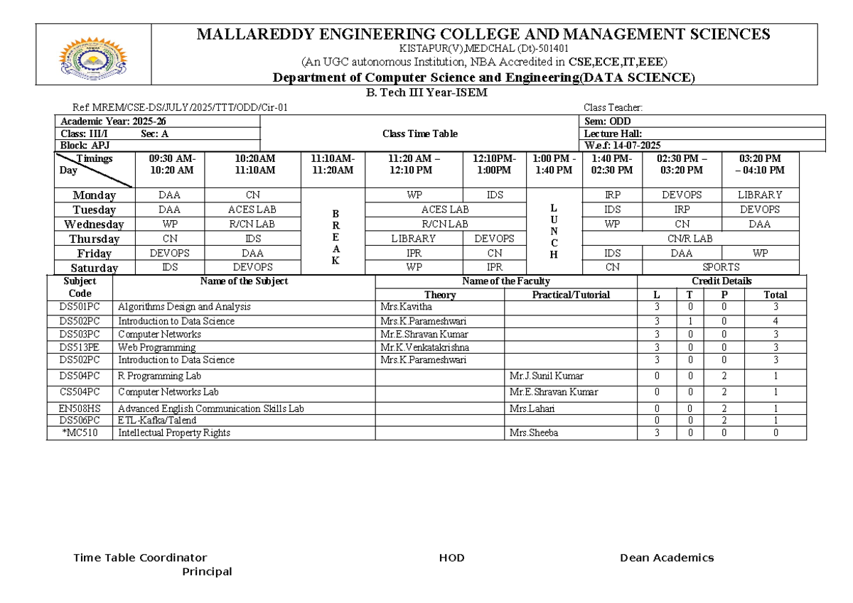 III-I-CSD-Timetable-2025-2026 for Data Science (DS) Courses - Studocu