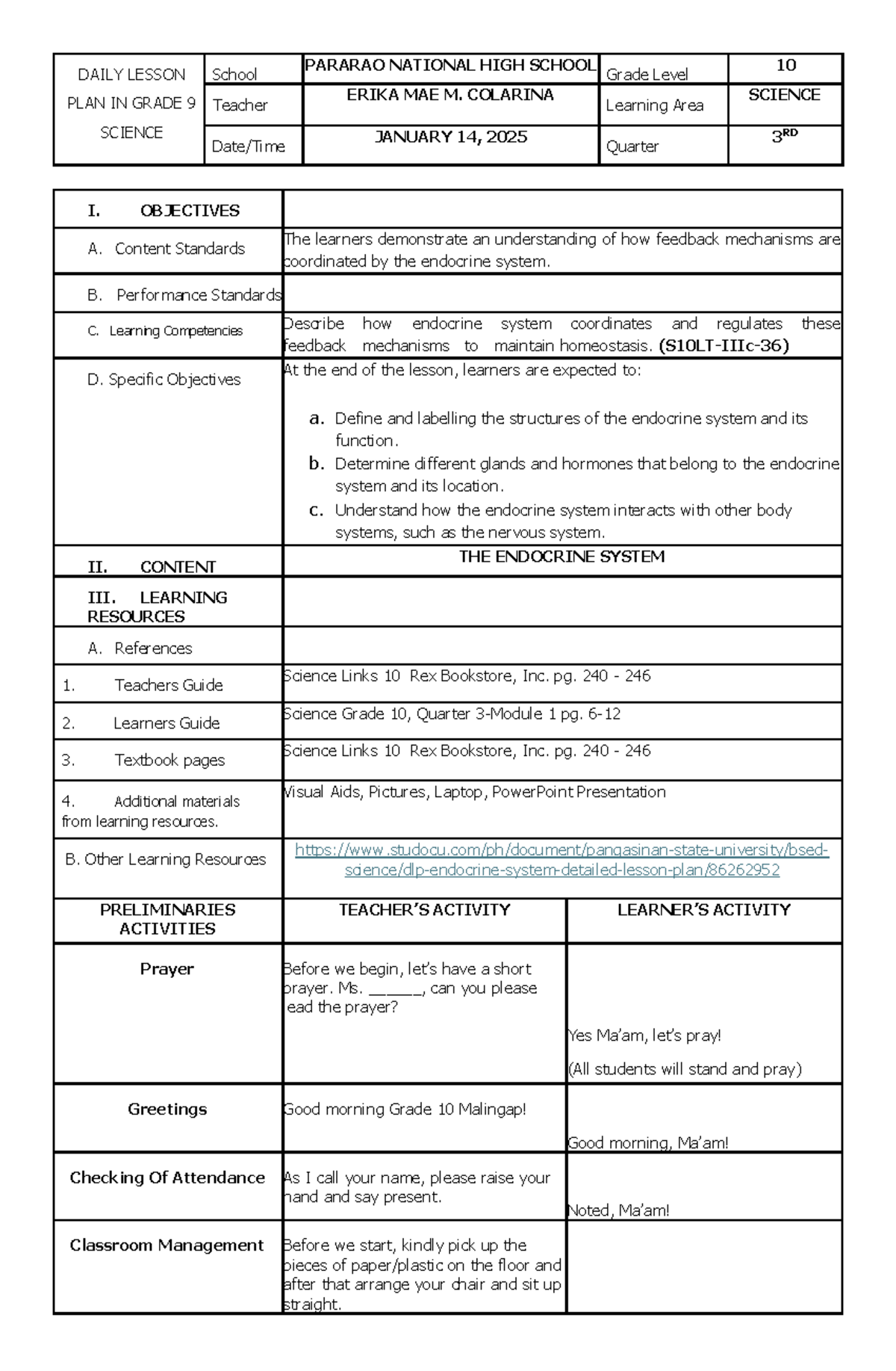 Endcorine LP - lesson plan on endocrine system - DAILY LESSON PLAN IN ...