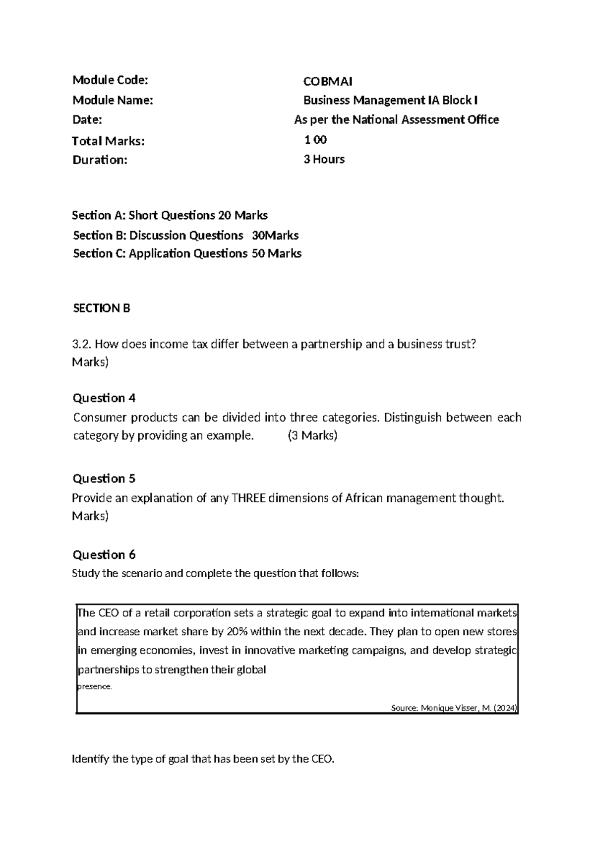 PAST EXAM Paper COBMAI 2024: Business Management IA Block I - Studocu