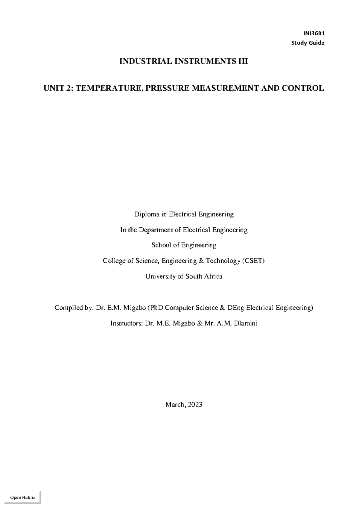 INI3601 2024 Assignment 1: Instrumentation in Temp & Pressure Control - Studocu
