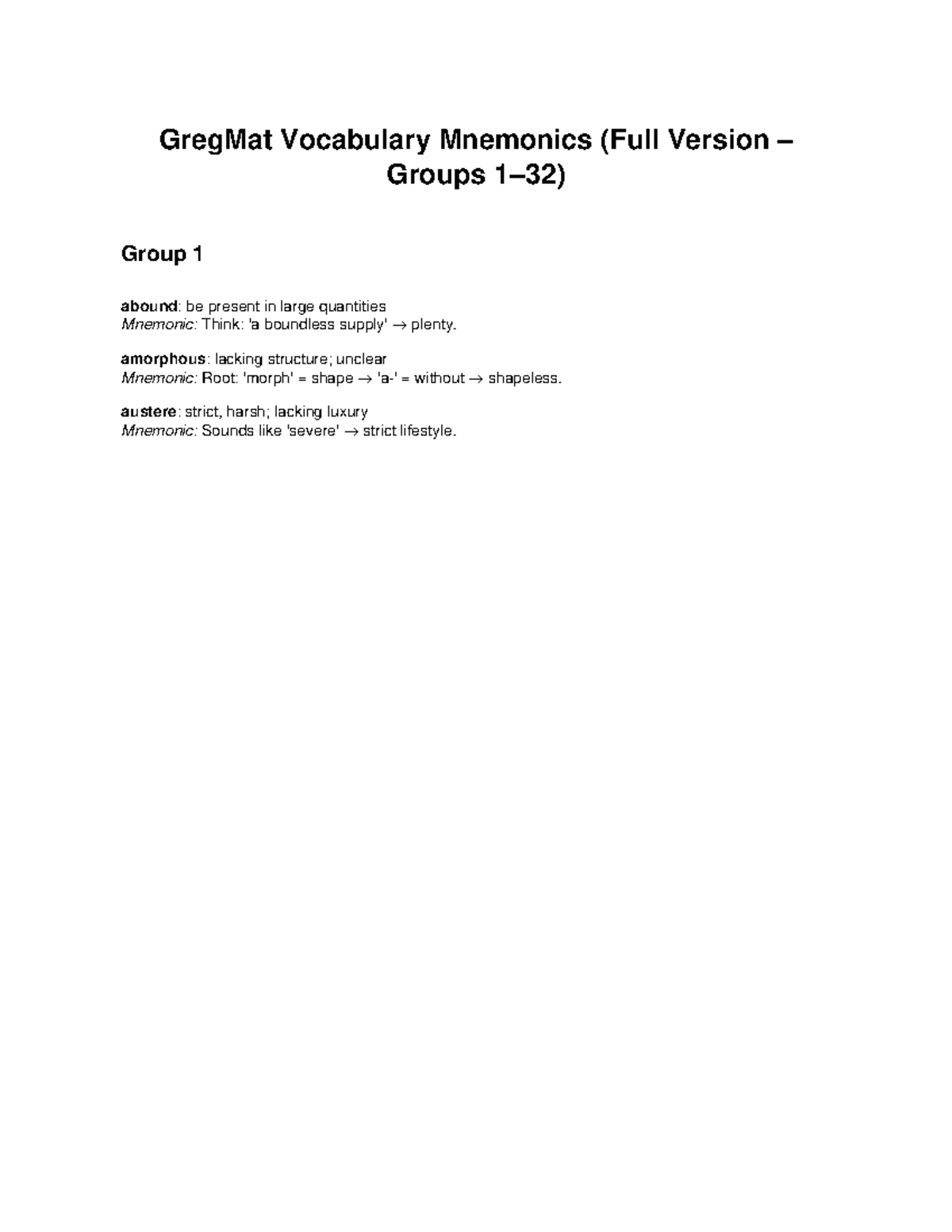 GregMat Vocab Mnemonics: Full Version & Group Breakdown - Studocu