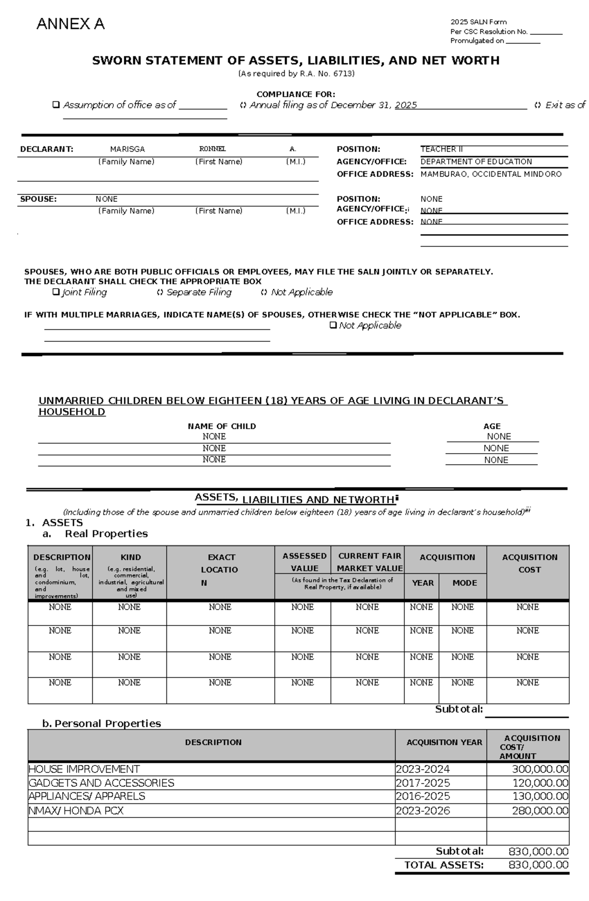 2025 SALN Annexes for Teacher II - Compliance with CSC Resolution - Studocu