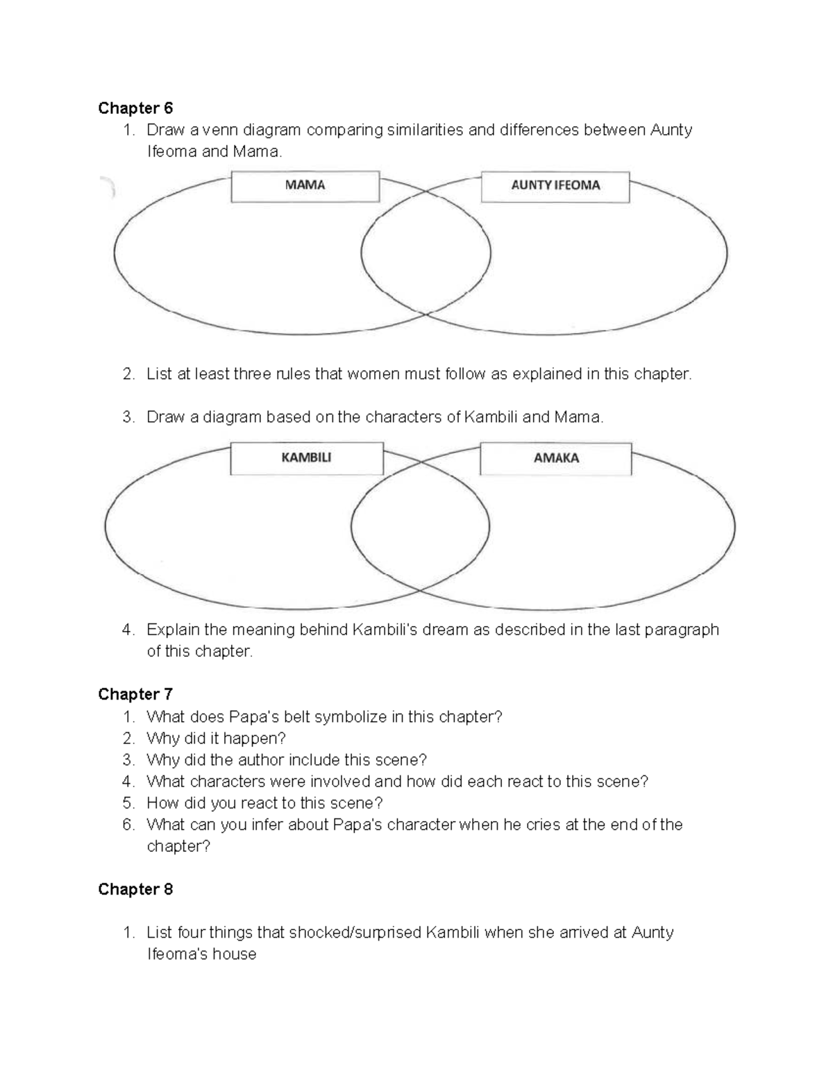 Purple Hibiscus Questions: Chapters 6-8 Analysis and Comparisons - Studocu