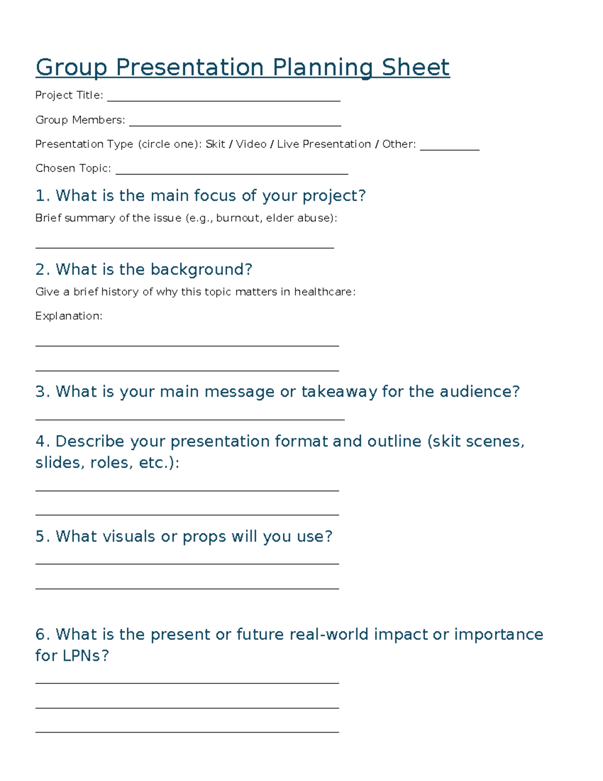P Nurse 102 Group Planning Sheet - Group Presentation Planning Sheet ...